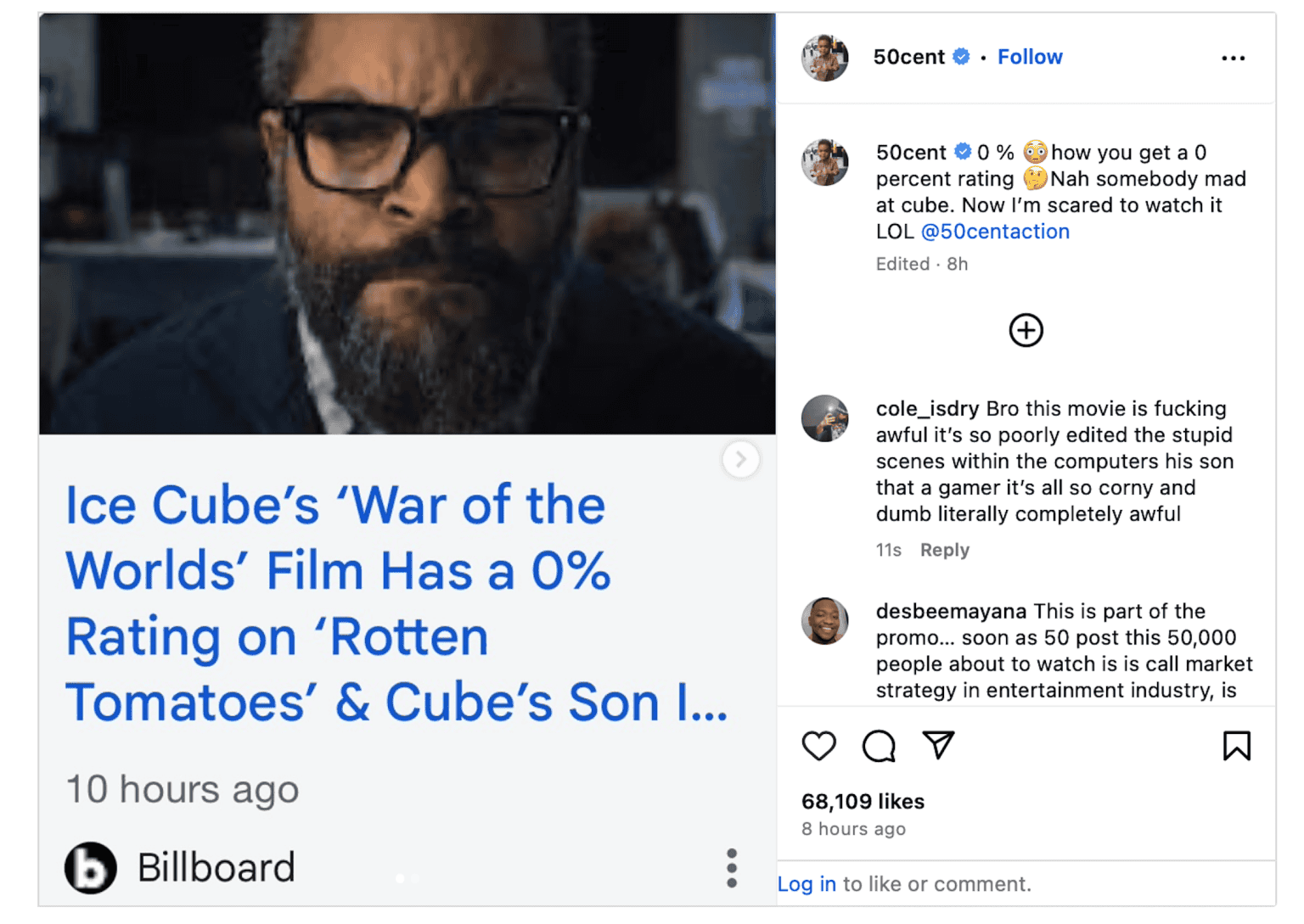 50 Cent Clowns Ice Cube’s 'War of the Worlds' Flop After Brutal Zero % Critic Score